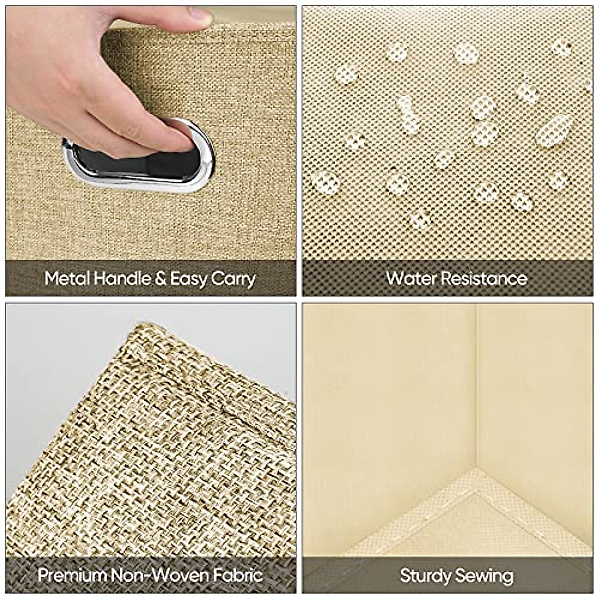 BALEINE Premium Foldable Cube Storage Bins, Collapsible Linen Fabric Cube Organizer with Aluminum Handles, 10.5" x 10.5" x11" Heavy Duty Cube Baskets, Beige 4 Pack