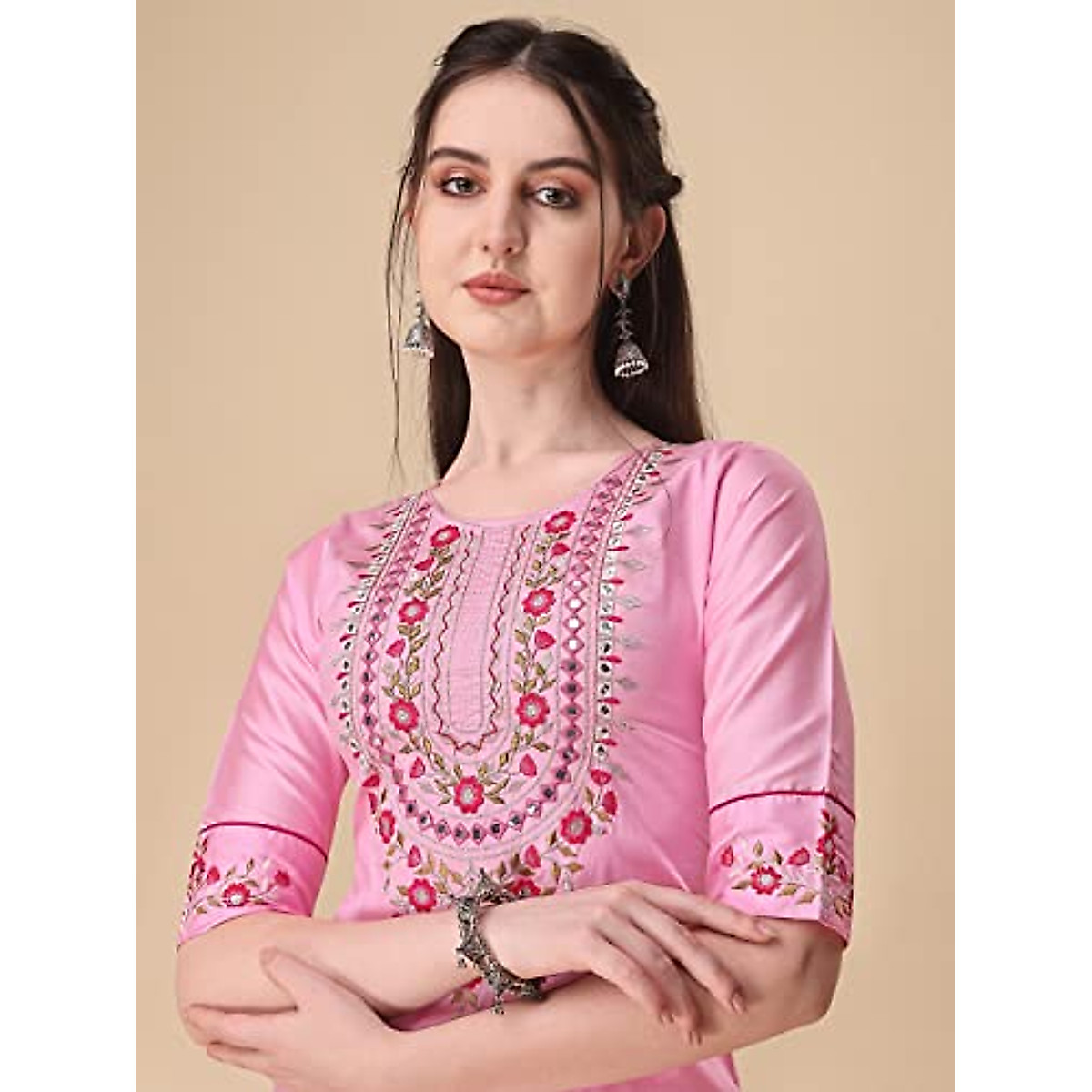 FamLady Embroidered Kurti Set with Pant and Dupatta Indian Art Silk Kurtis for Women (as1, alpha, m, regular, regular, Pink)