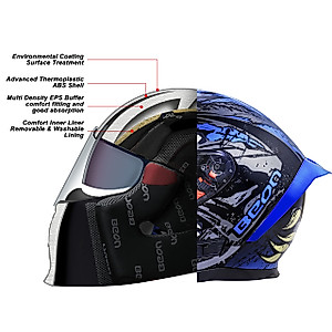 BEON Full Face Motorcycle Helmet, Street Bike Helmet with Clear&Tinted Visors and Multiple Vents, Motocross Casco DOT Approved for Adult Men Women, S-XL (L, Glossy Blue)