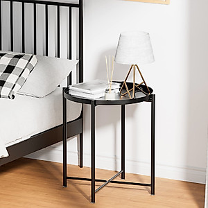 OVICAR Metal Tray End Table, Round Accent Coffee Side Table, Anti-Rust and Waterproof Outdoor Small Side Table, Indoor Modern Sofa Side Table Bedside Table for Living Room Bedroom Balcony