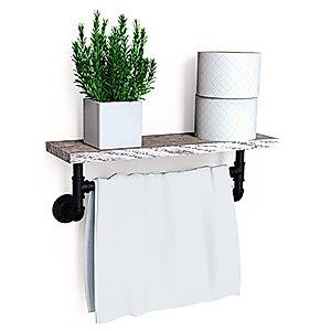 Industrial Bathroom Shelf w/ Pipe Towel Bar – Farmhouse Towel Rack Made of Paulownia Wood and Cast Iron, Pipe Rack in Black Matte – Wall Mount Hand Towel Holder for Rustic Décor w/ Single Wooden Shelf