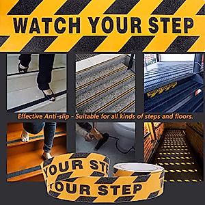 Watch Your Step Floor Signs, Heavy Duty Anti-Slip Safety Roll Grip Strip Non-Slip Traction Step Tape, 2 X 16.4' Anti Slip Tape Stickers, Abrasive Adhesive for Stairs, Safety, Tread Step, Indoor