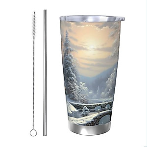 GFLFMXZW Winter Snow Scene Print Tumbler 20oz Stainless Steel Tumbler with Lid and Straw Insulated Tumblers Double Wall Vacuum Water Bottle Travel Coffee Mug Gifts for Women Men
