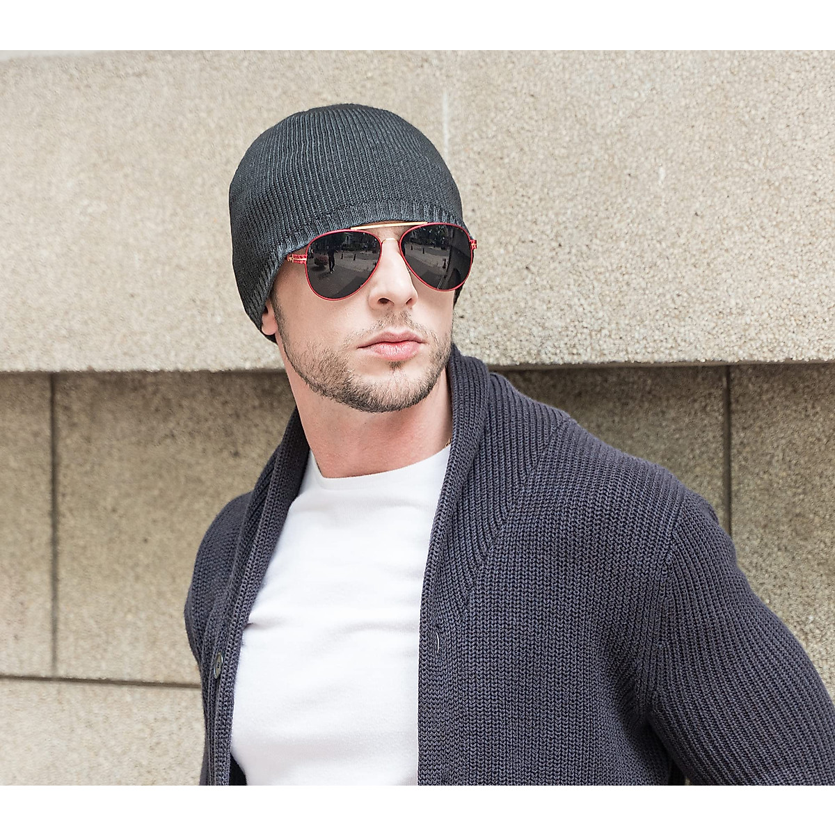 ZLYC Men Fashion Knit Fisherman Beanie Hat Winter Warm Thick Skull Cap (Plain Black)