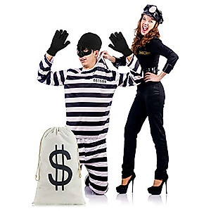 Auihiay 4 Pieces Robber Costume Set Include Canvas Dollar Sign Money Bag Bandit Eye Mask Knit Beanie Cap Gloves for Halloween Cosplay Burglar Theme Party