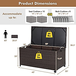 Tangkula 50 Gallon Wicker Deck Storage Box, Patio Rattan Storage Container with 2 Universal Wheels, Safety Pneumatic Rod, Zippered Liner, Sturdy Steel Frame, Ideal for Backyard, Poolside (Mix Brown)