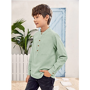 Inorin Boys Linen Shirt Button Up Henley Long Sleeve Dress Shirts Cotton Lightweight Tees Tops with One Pocket Mint Green