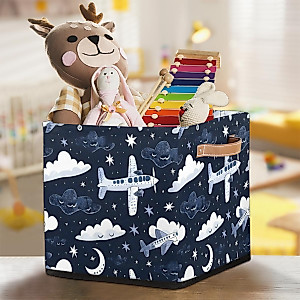 Tablerazzi Aircraft Cube Storage Bin, 13 Inch Collapsible Fabric Storage Cube Bin, Flying Airplane Navy Blue Foldable Cube Baskets for Shelf, Closet, Organizer