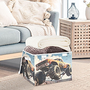 YMGQYJ Storage Cube with Lid Collapsible Monster Truck Jumping Print, Large Capacity Foldable Storage Basket Bin Organizer 16.5×12.6×11.8 IN