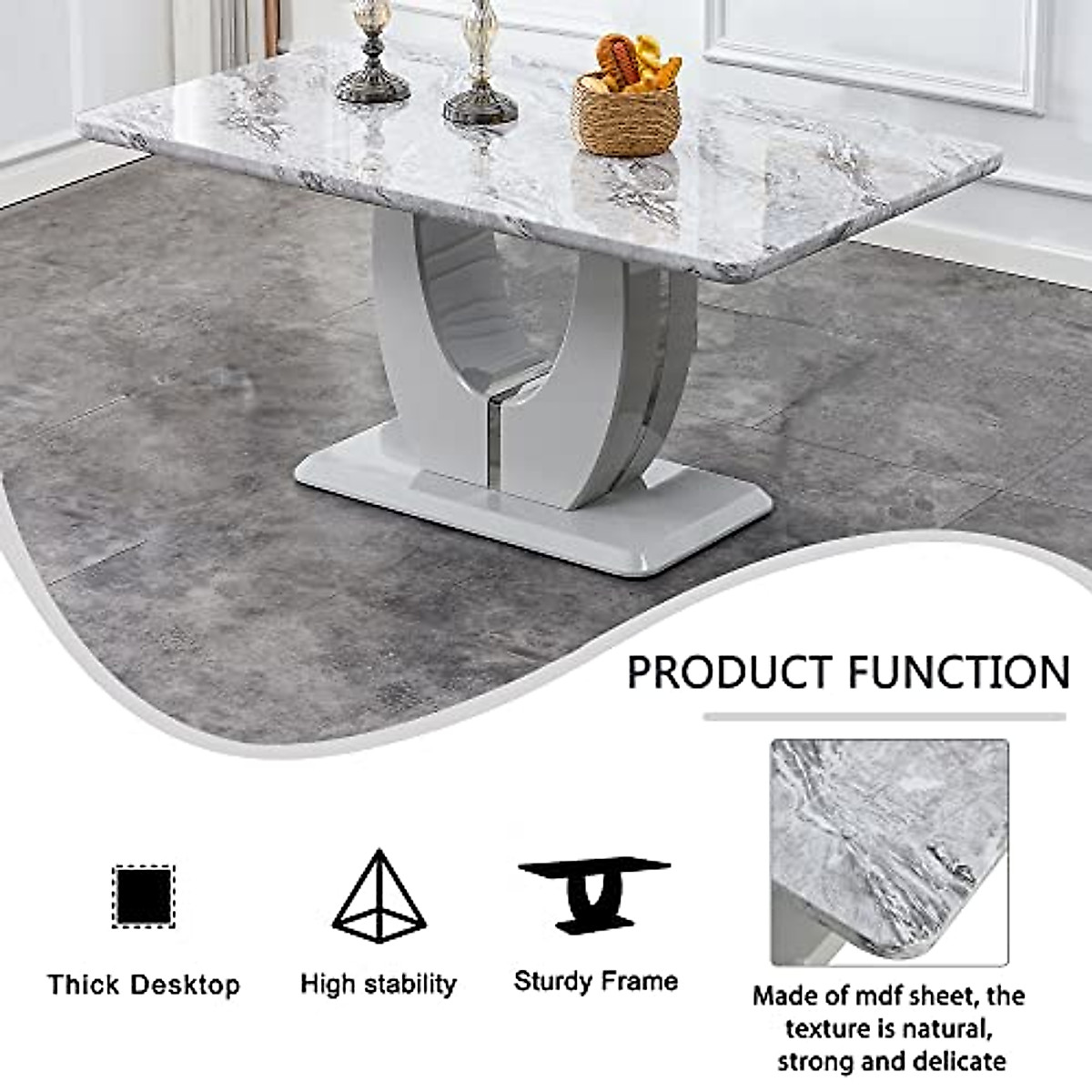Yoluckea Modern Dining Table for 4-6, 63" Rectangular Faux Marble Dining Table with 1.4" Thicken Tabletop & U Shape MDF Bracket for Kitchen Dining Room Living Room Meeting Room Banquet Hall