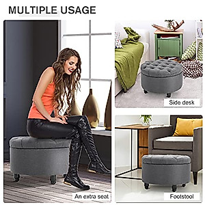 HOMCOM Round Linen-Touch Fabric Storage Footstool Ottoman Button Tufted Footrest with Removable Lid, Grey