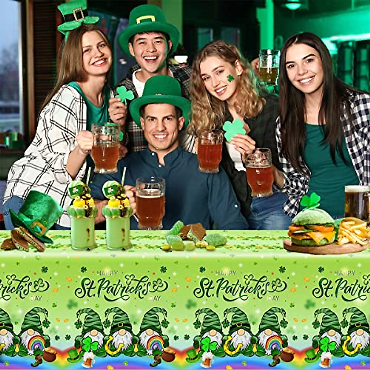 HAKOTI 3 Pieces St. Patrick's Day Tablecloth - Lucky Clover Gnome Tablecloth Irish Holiday Party Supplies Disposable Plastic Rectangular Waterproof Table Cover for St. Patrick's Theme Party
