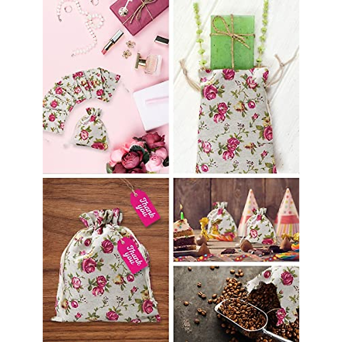 Mandala Crafts Rose Burlap Drawstring Bags - Floral Gift Bags – Flower Linen Burlap Bags with Drawstring Small Pouches for Wedding Party Favor Jewelry 30 Bags 6X8 Inches