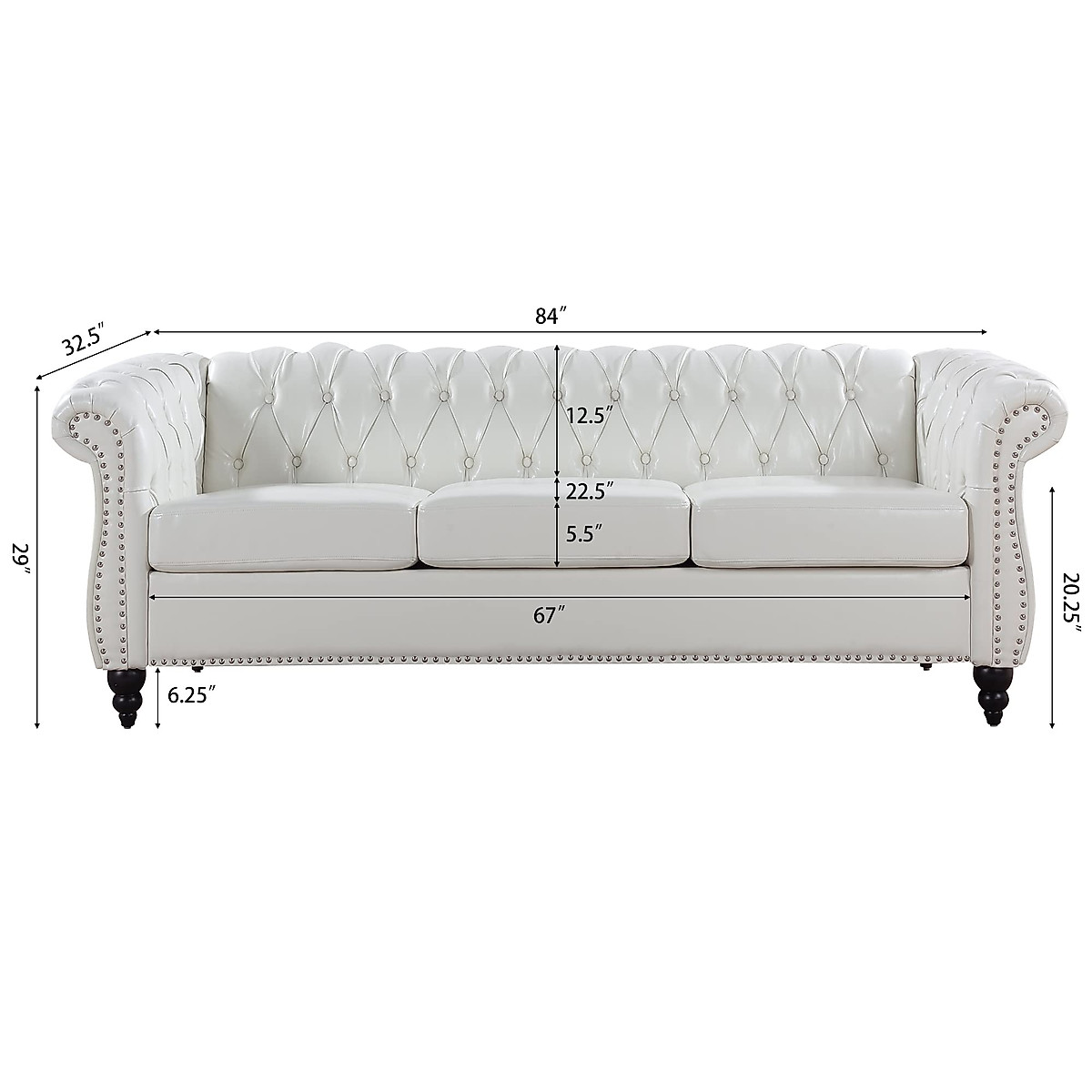 LEVNARY Chesterfield Sofa, Classic Tufted Upholstered Leather Couch, Modern 3 Seater Couch Furniture with Tufted Back for Living Room Office (Cream White)