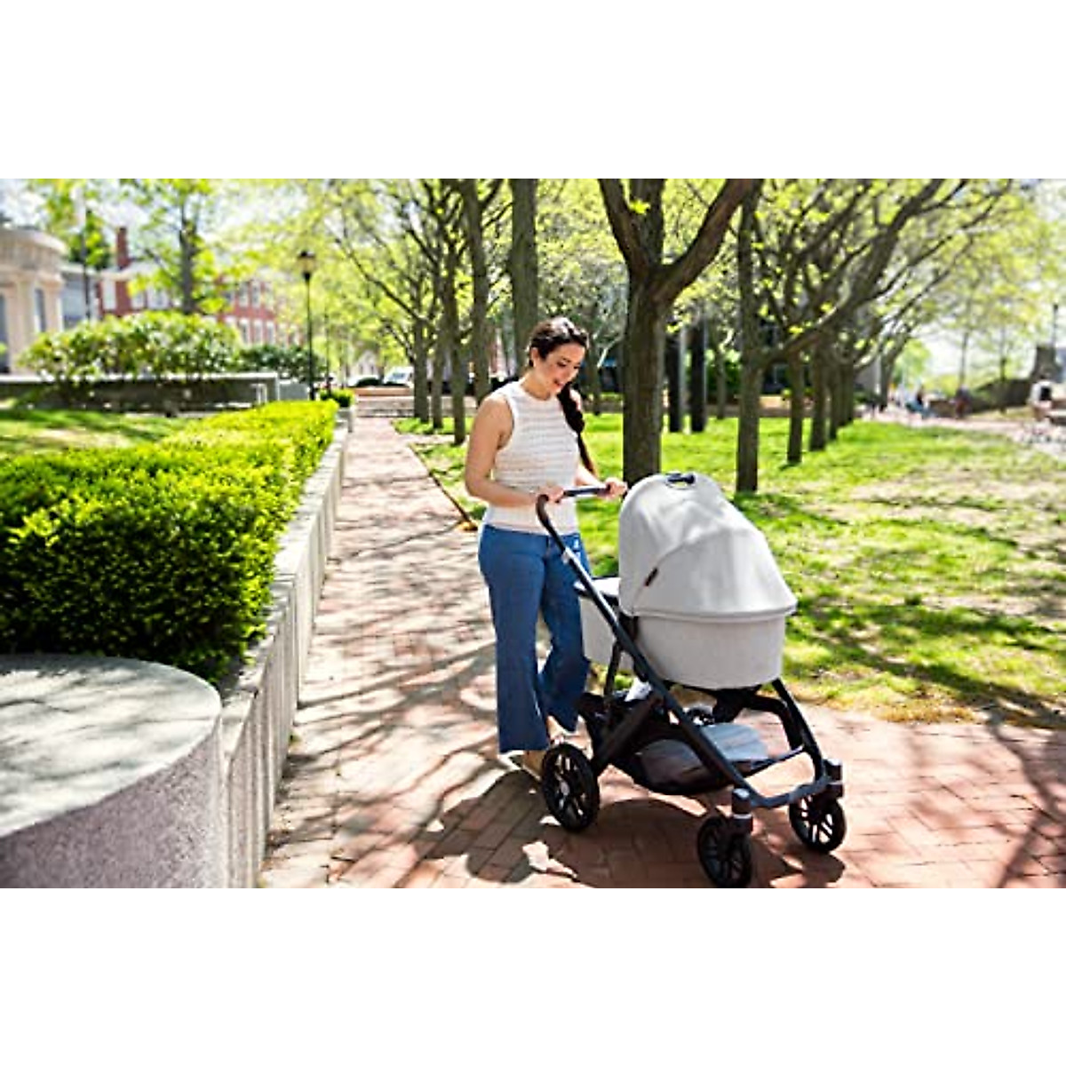 Cruz V2 Stroller -Anthony (White & Grey Chenille/Carbon/Chestnut Leather) + Bassinet - Anthony (White & Grey Chenille/Carbon)