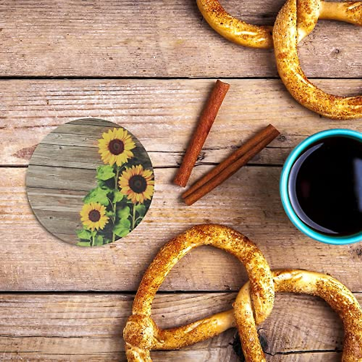 Sunflower Drink Coasters Set of 6 with Holder Absorbent Ceramic Coasters for Wooden Table, Farmhouse Rustic Coasters Cork Base Home Decor House Warming Gift