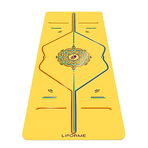 LIFORME Printed Yoga Mat & Travel Mat Bundle Pack – Patented Alignment System, Eco-Friendly, Non-Slip Warrior-Grip, Made with Natural Rubber, Thick, Sweat Resistant, Comfortable - Yellow/Yellow
