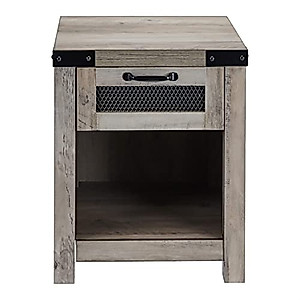 ROCKPOINT End Table with Industrial Style Drawer, Grey Wash