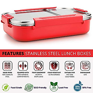 Signoraware Stainless Steel Bento Lunch Box | 20-Ounce Eco Friendly Portion Control Lunchbox Containers | 2-Compartment Metal Food Pail With Cover That Prevents Leaks & Spills (Red)