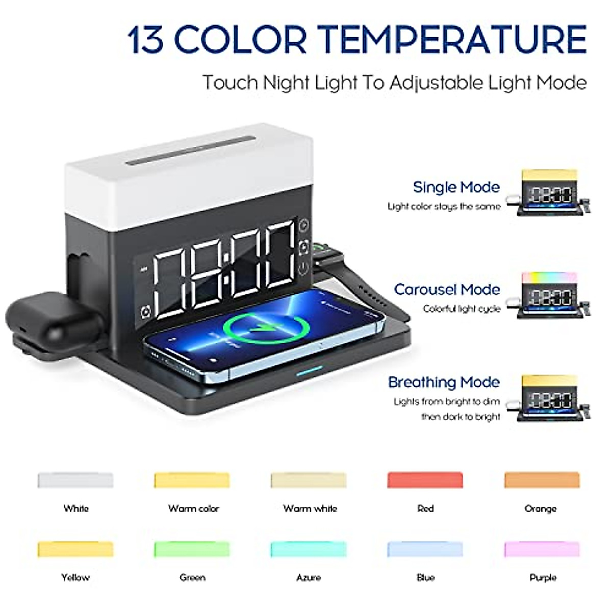 SMSASOEO Wireless Charger,6 in 1 Wireless Charging Station with Digital Alarm Clock & Night Light,15W Fast Charger Compatible with iPhone 14/13/12/11/XS Samsung Galaxy AirPods & Apple Watch