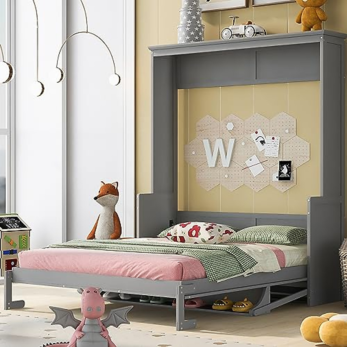 BOVZA Queen Murphy Bed with a Shelf, Space-Saving Wall Bed for Guest Room or Home Office, Gray