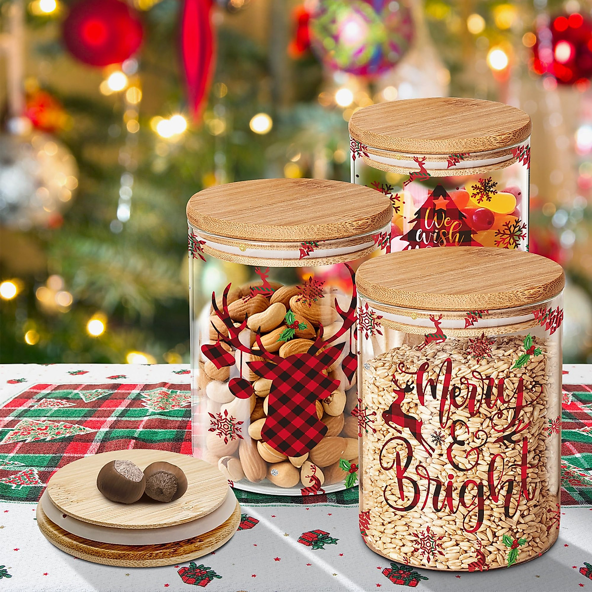 Christmas Plaid Glass Storage Jars Set with Airtight Bamboo Lids - Clear Christmas Home Decor