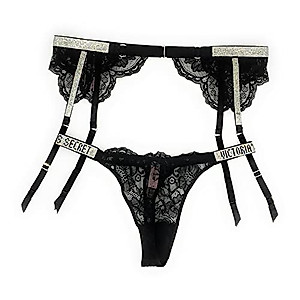 Victoria's Secret Bombshell Shine Strap Thong Panty and Garter Belt Bundle, Black Lace, Medium