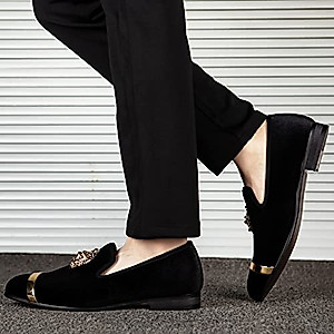 Meijiana Mens Black Loafers Velvet Dress Shoes with Gold Plate Smoking Slippers Slip on Penny Party Luxury Loafer Shoes for Men, Black-09, 9 US