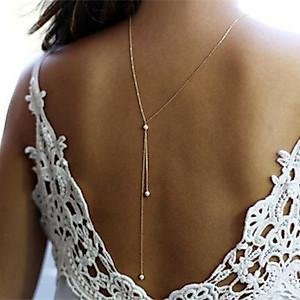Yheakne Boho Pearl Back Chain Necklace Gold Layered Backdrop Necklace Body Chain Pearl Bridal Back Drop Chain Summer Beach Body Jewelry for Women Gifts (Gold)