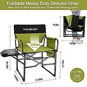 HAUSHOF Camping Chair with Side Table and Storage Pockets, Portable Folding Directors Chair, Heavy Duty Camp Chair for Adults Outdoor Fishing Beach, Green