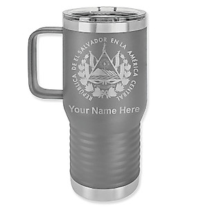 20oz Vacuum Insulated Travel Mug with Handle, Flag of El Salvador, Personalized Engraving Included (Gray)