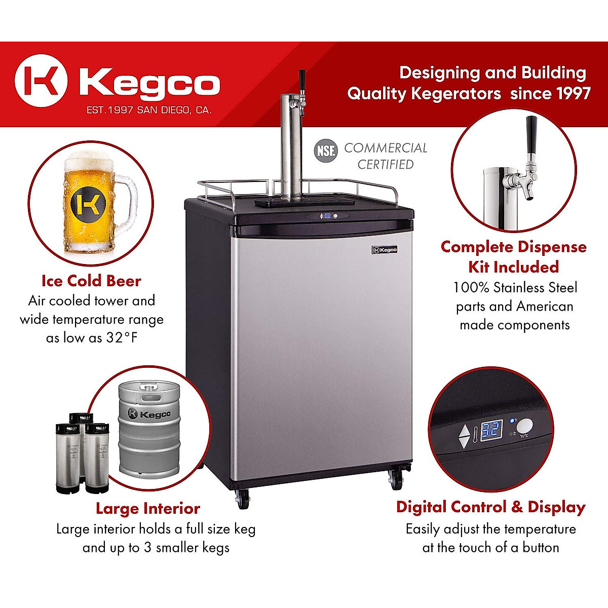 Kegco Kegerator, Single Tap, Stainless Steel