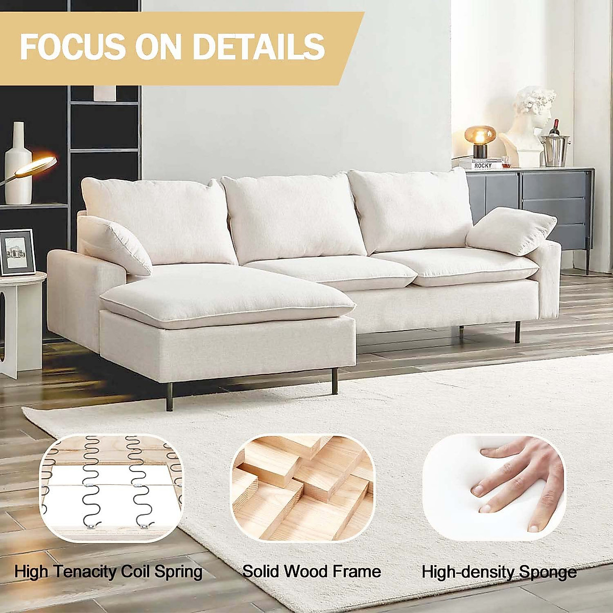 L Shaped Sectional Couches for Living Room, Comfy Sectional Sofa with Chaise Linen Fabric Furniture Sets for Apartment, Office, Beige