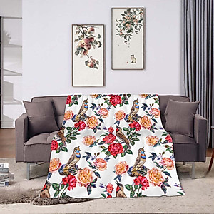 Throw Blanket 60x80 Inch,Bird Flower Texture Watercolor Summer Flannel Soft Cozy Fluffy Throw Blankets and Warm Throws for Adults in Couch Sofa Bed 80x60 Inch