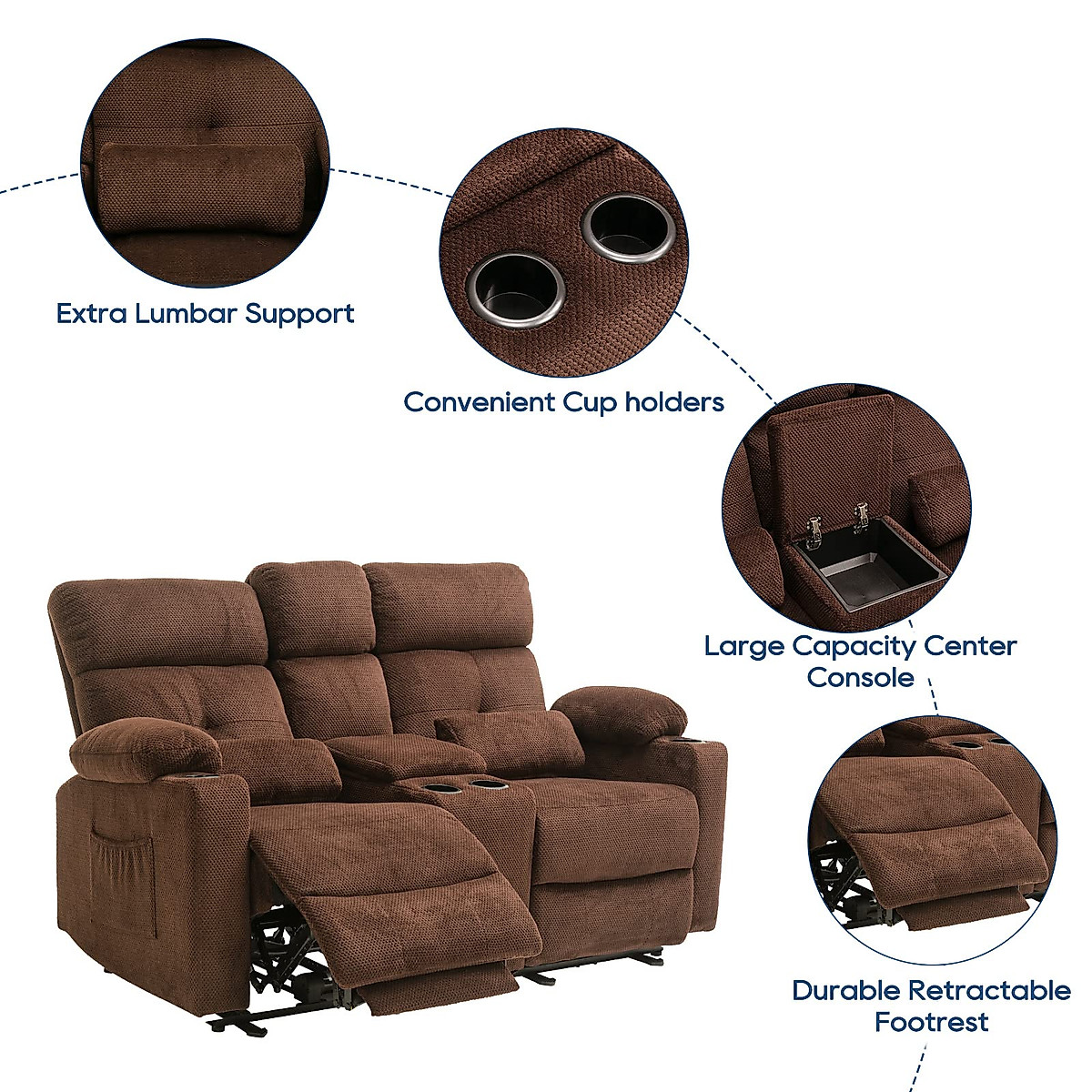 RIHEREFY 68'' RV Power Loveseat Recliner Sofa | Reclining Loveseat with Console & Cup Holder | Double Recliner Sofa | Theater Seating Loveseat with Heat and Massage (Fabric, Coffee)
