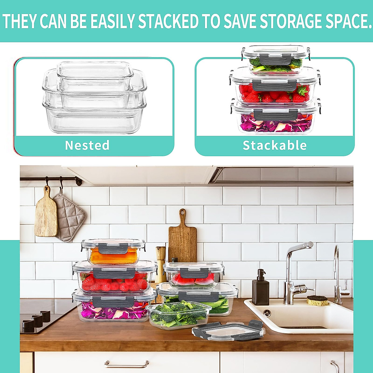 Skroam 10 Pack Glass Food Storage Containers with Lids, Glass Airtight Meal Prep Container Set for Lunch, on the Go, Leftover, Kitchen Pantry Organizers and Storage, BPA Free & Leak Proof