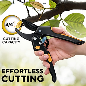 Ratchet Pruning Shears for Gardening Heavy Duty - Increases Cutting Power 3x - Perfect Ratchet Pruners for Weak Hands & Arthritis- 8” Anvil Garden Clippers - w/Extra Sharp Blade for Effortless Cutting