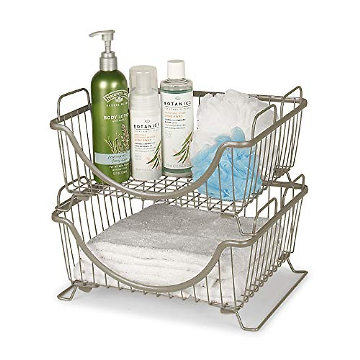 Spectrum Diversified Ashley Stackable Tray, Wire Basket with Raised Feet and Looped Handles Modular Stacking Bin System for Kitchen Countertop & Desk Organization, Satin Nickel