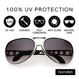 zeroUV Large King of Rock Rock & Roll TCB Aviator Sunglasses (Silver)