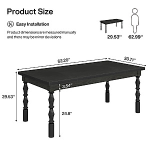 Tribesigns Wood Black Dining Table for 4-6 People, 62” Farmhouse Large Rectangle Kitchen Table, Modern Dinner Table Kitchen & Dining Room Furniture with Carved Turned Legs