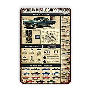 Retro Tin Signs American Muscle Car Knowledge Vintage Wall Decor Retro Art Tin Sign Funny Decorations for Home Bar Pub Cafe Farm Room Metal Poster Metal Tin Signs 8x12 Inches