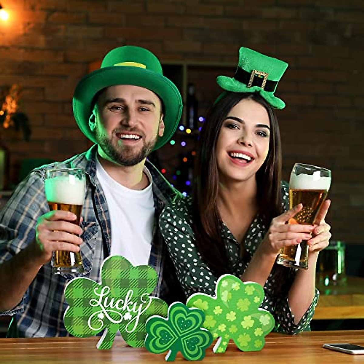 Whaline 3Pcs St. Patrick's Day Wooden Signs Green Plaid Shamrock Table Ornament Lucky Clover Double-Side Print Table Centerpieces Irish Holiday Table Centerpieces for Home Fireplace Tiered Tray Decor