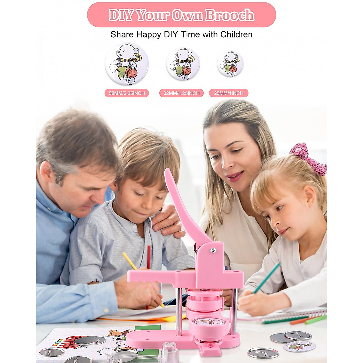 Button Maker Machine Kit: Create Buttons with Multiple Sizes (1+1.25+2.25 inch)! includes 600 Pcs Button Making Supplies, 12 Cartoon Stickers, 3 Pcs Cutter, 1 Magic Book. Button Press for 25/32/58mm