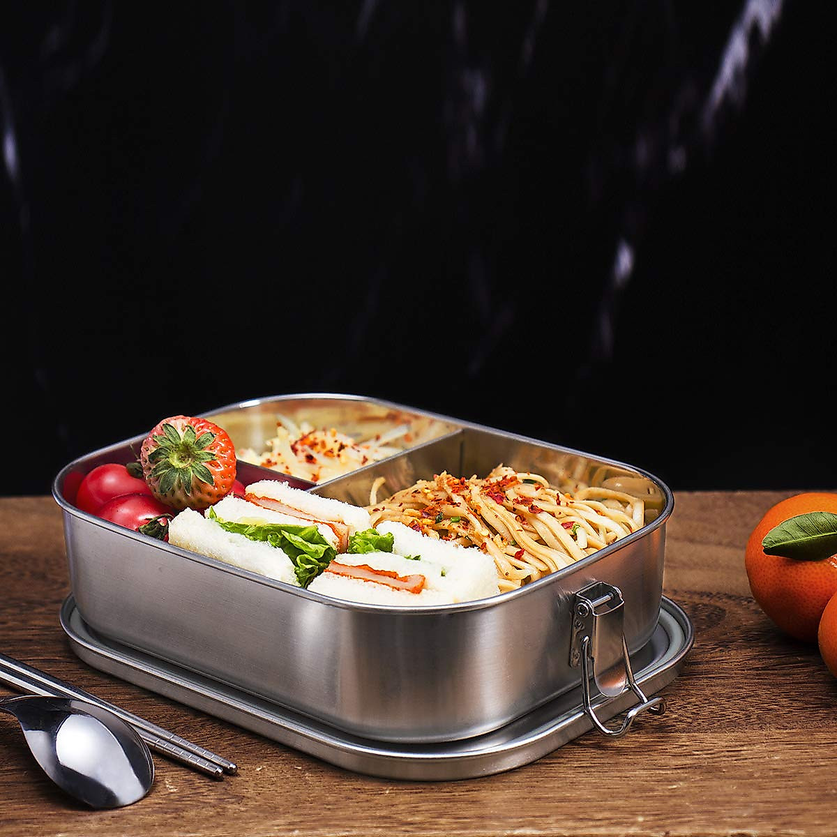 Stainless Steel Bento Box Lunch Containers For Adults Leakproof 3 Compartment Metal Bento Lunch Box Food Container For Over 5 Years Old Kids (1400ml/47oz)