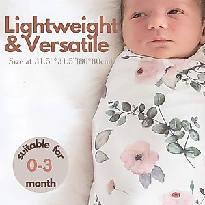 Vollmic Newborn Baby Girl Receiving Blanket Swaddle Blanket Stretchy Knit Swaddle Set with Matching Headband (Pink&Green)