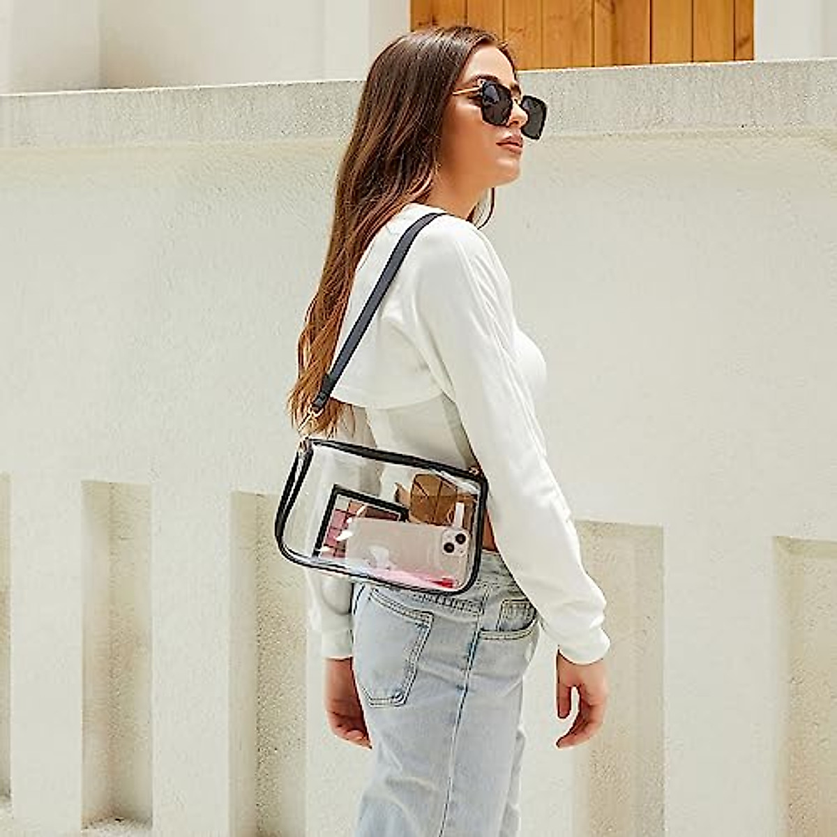 LOXOMU Clear Purses for Women Stadium, Small Clear Concert Purse Clear Bag for Concert Sports Event Travel (Black)