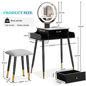 JanflyHome Vanity Desk, Makeup Vanity Desk with Mirror and Lights, 3 Color and Brightness Adjustable, Vanity Table with Power Outlet & Cushioned Stool, Small Vanity for Girls Bedroom, Black