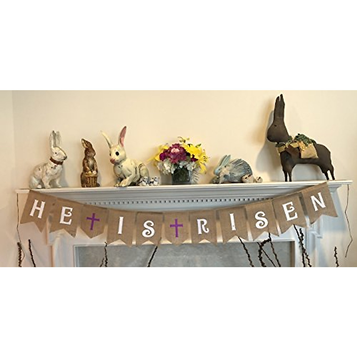 HE IS RISEN Burlap Banner - Easter Bunting Decoration with Crosses - Religious Holiday Bunting Wall Hanging - Ready to Hang Church Prop Decorations by Jolly Jon