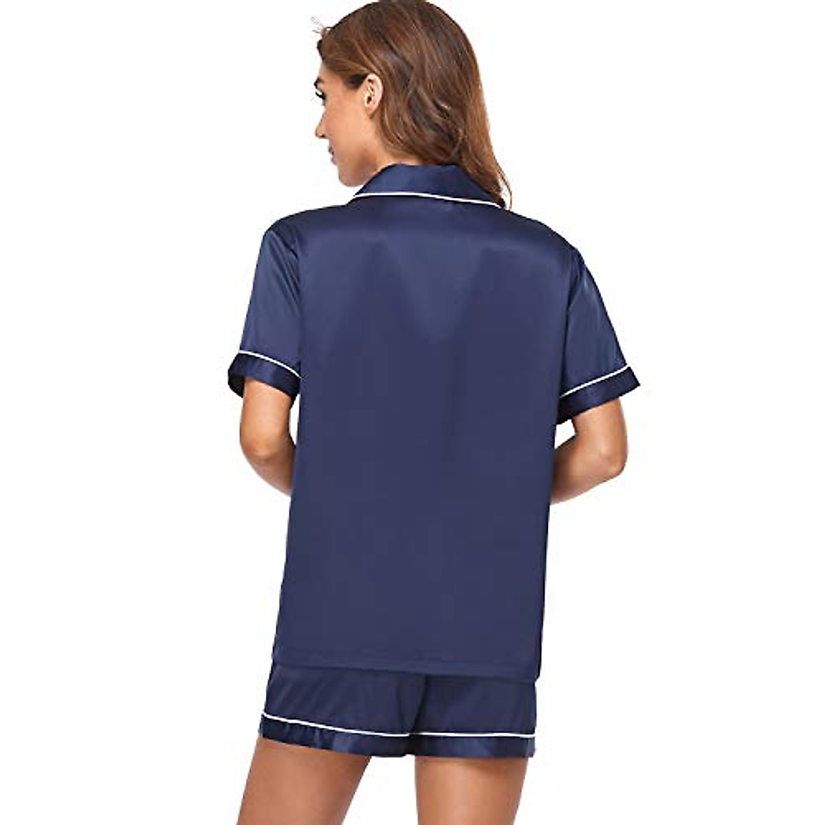 Serenedelicacy Women's Satin Pajama Set 2-Piece Sleepwear Loungewear Button Down Short Sleeve PJ Set (Medium, Navy Blue)