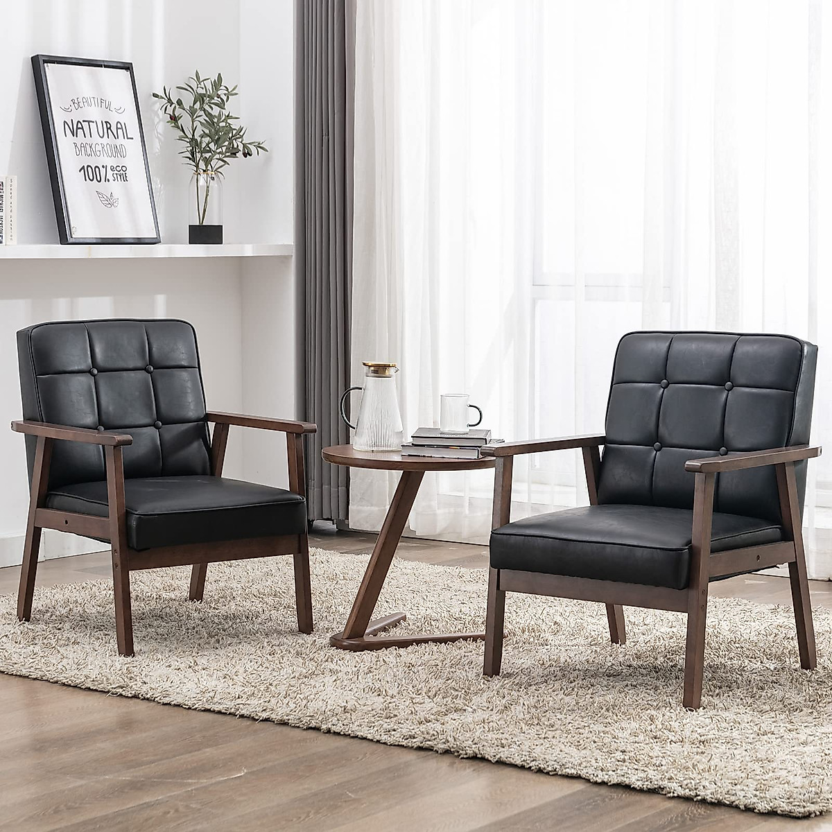 Okeysen Accent Chairs Set of 2, Mid Century Modern Accent Chair, Retro Wood and Leather Armchairs Side Chair, Lounge Reading Comfy Arm Chair for Living Room, Bedroom, Office(Matte Black)